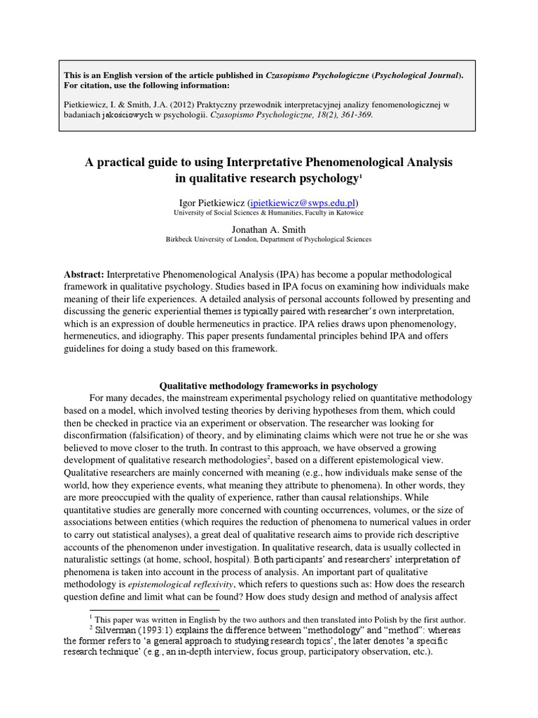 A Practical Guide to Using IPA (Pietkiewicz&Smith) | Qualitative ...