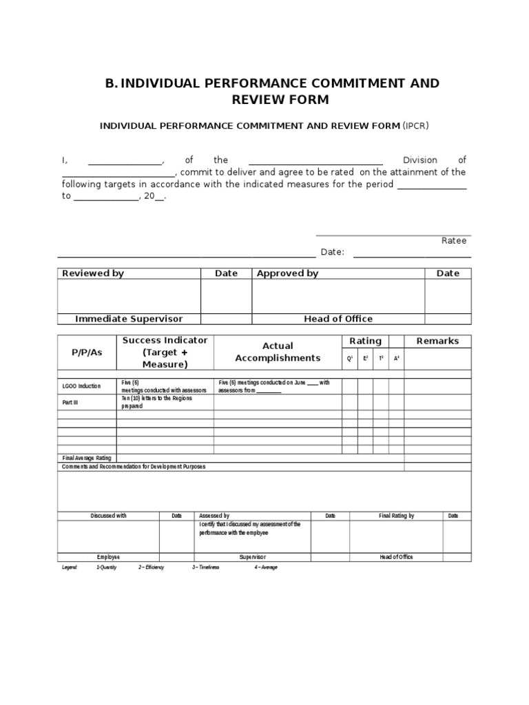 Individual Performance Commitment and Review Form Documenting Goals ...