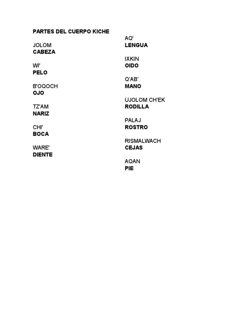 Partes Del Cuerpo Kiche | PDF