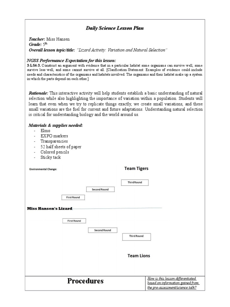 Procedures: Daily Science Lesson Plan | PDF | Natural Selection ...