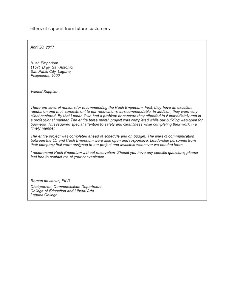 Letters of support from future customers.docx | Sales | Private Law