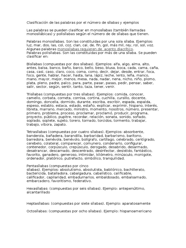 Clasificación de Las Palabras Por El Número de Sílabas y Ejemplos | PDF ...