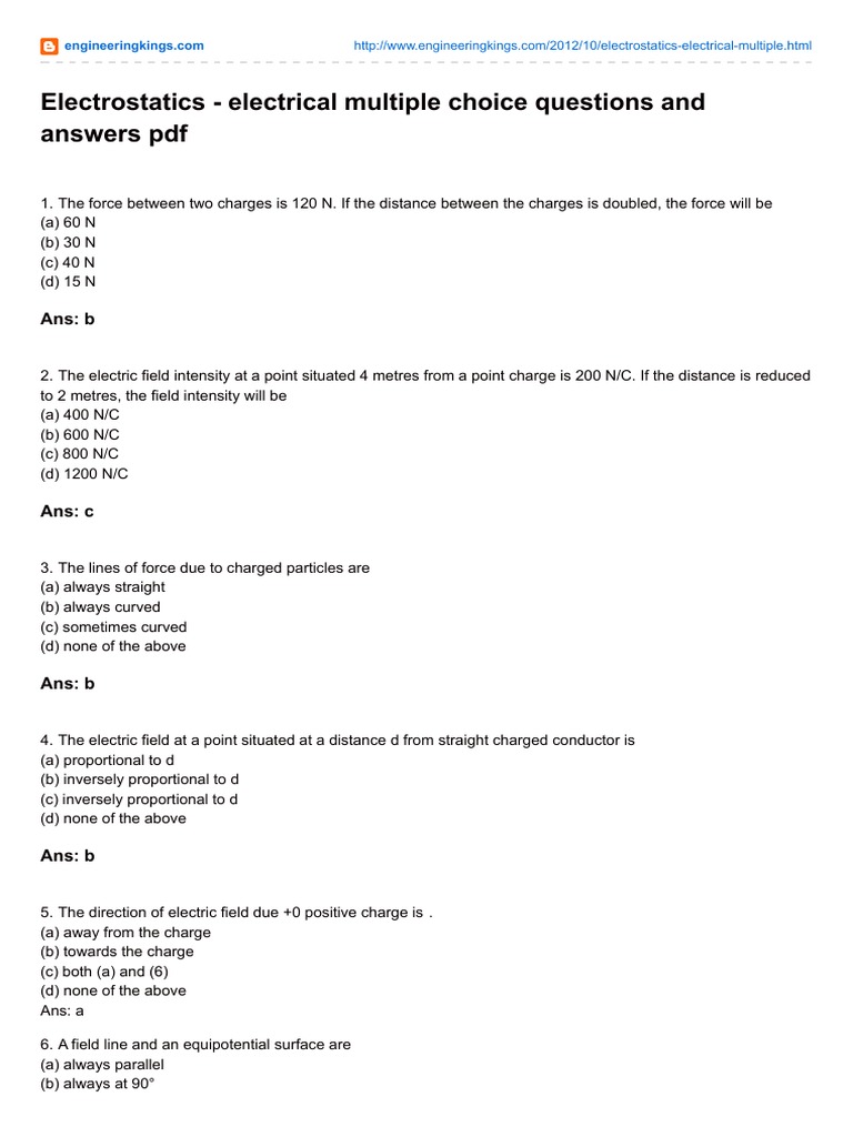 Electrostatics - Electrical Multiple Choice Questions and Answers PDF ...