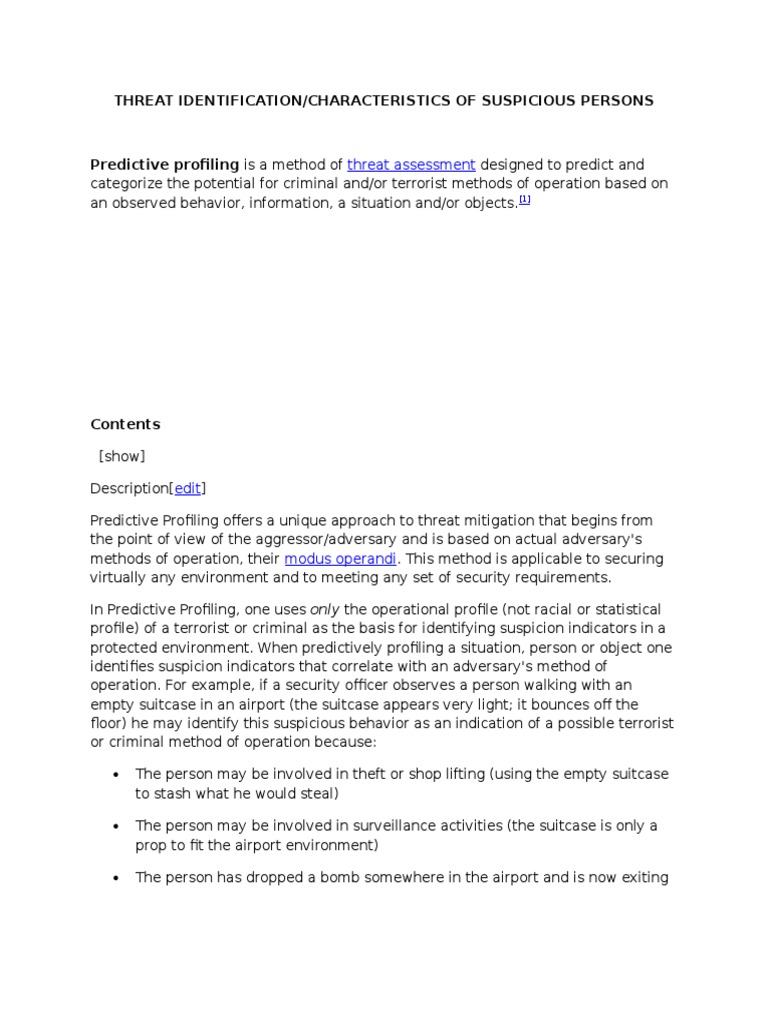 Threat Identification - Characteristics of Suspicious Persons | PDF ...