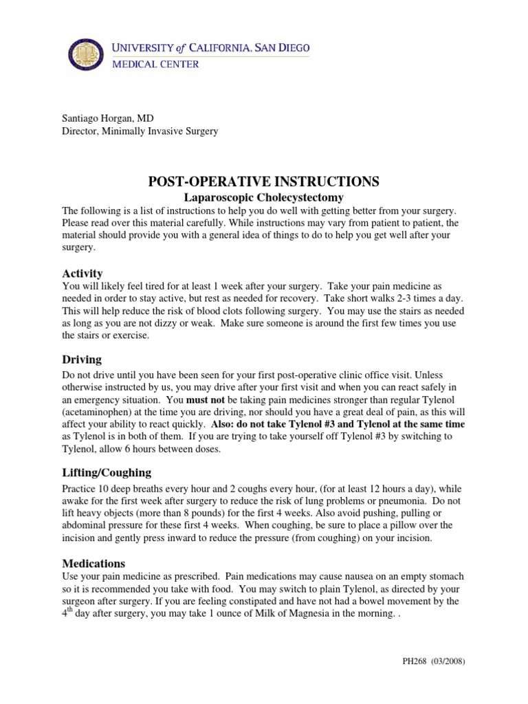 Post-Operative Instructions: Laparoscopic Cholecystectomy | PDF ...