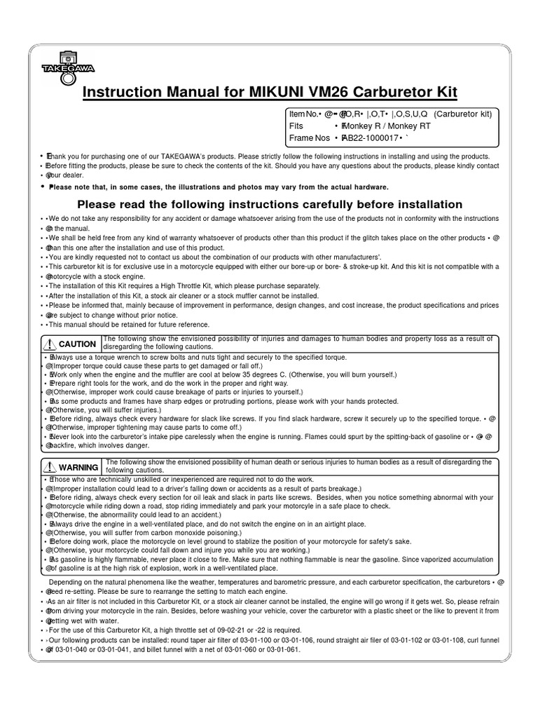 Instruction Manual For MIKUNI VM26 Carburetor Kit: Please Read The ...