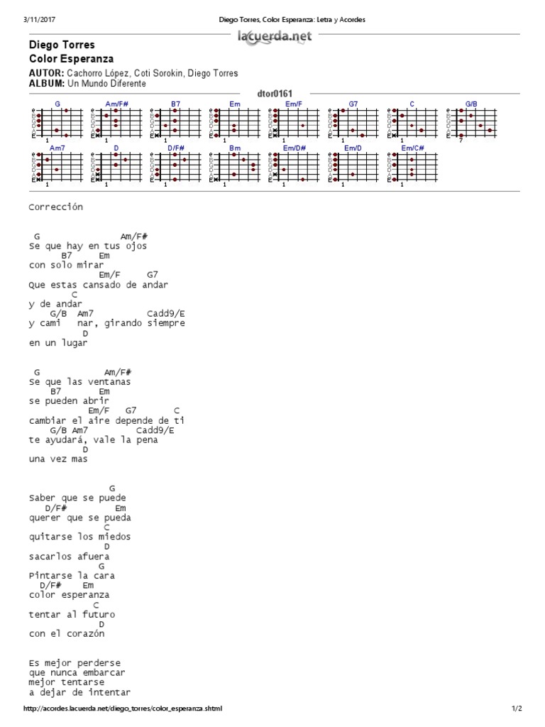 Diego Torres, Color Esperanza_ Letra y Acordes 1 | Acorde (Música) | Ocio
