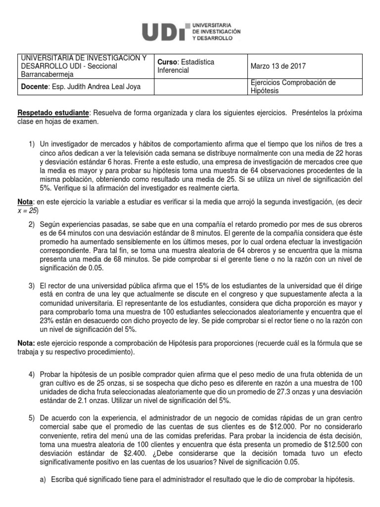 Ejercicios Comprobación de La Hipótesis | PDF | Muestreo (Estadísticas ...