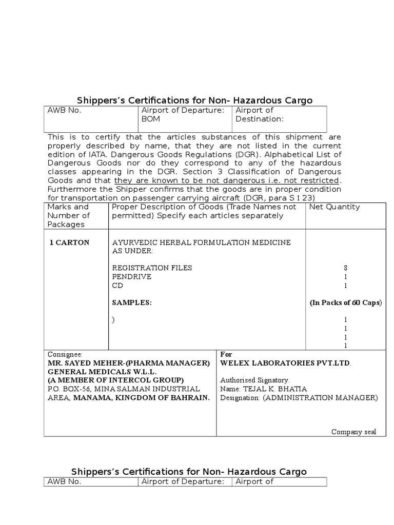 Shippers's Certifications For Non-Hazardous Cargo: 1 Carton | PDF ...