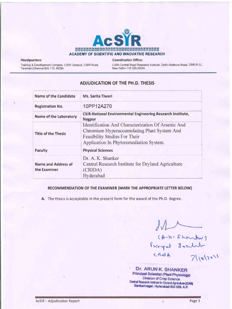 Adjudication Report For PHD Thesis - Shanker | PDF | Thesis | Doctor Of ...