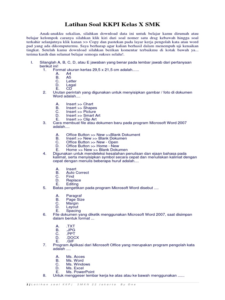 Microsoft Word Latihan Soal Kkpi Kelas X SMK PDF | PDF