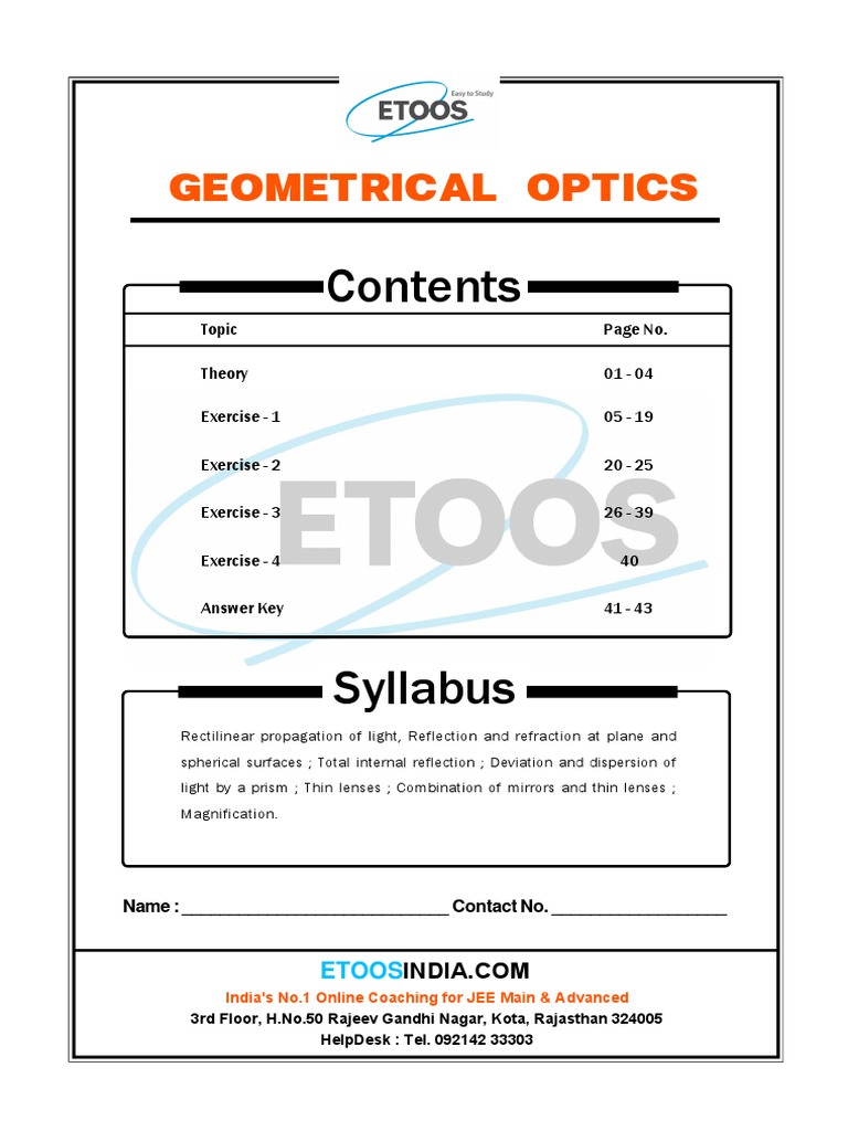 JEE Geometrical Optics Study Guide | PDF | Lens (Optics) | Prism