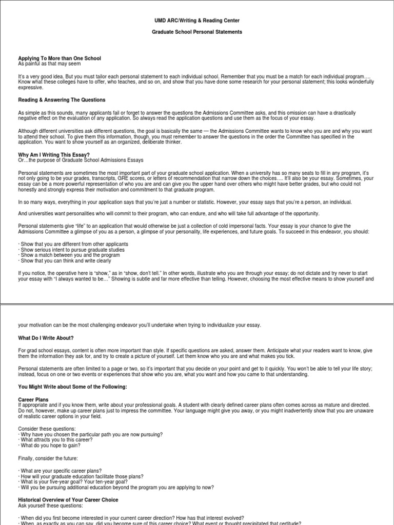 UMD ARC/Writing & Reading Center Graduate School Personal Statements ...