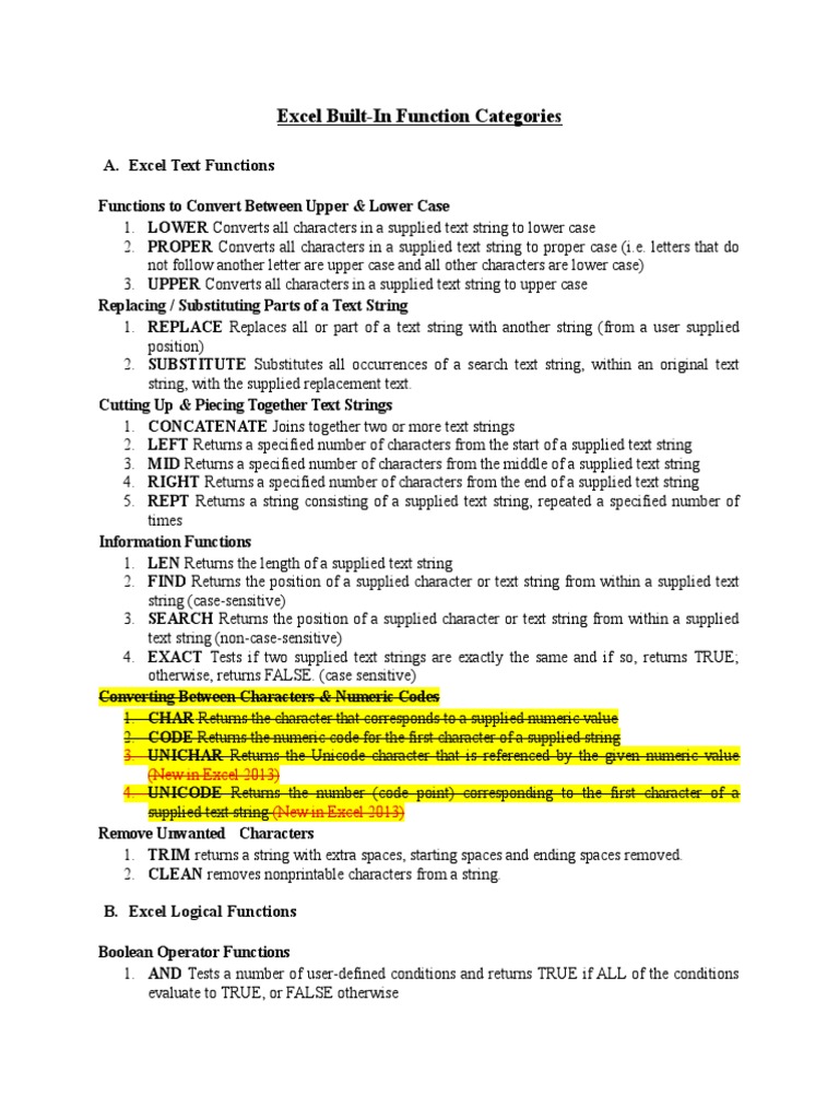 Excel Built In Function Categories A Excel Text Functions Pdf 1607