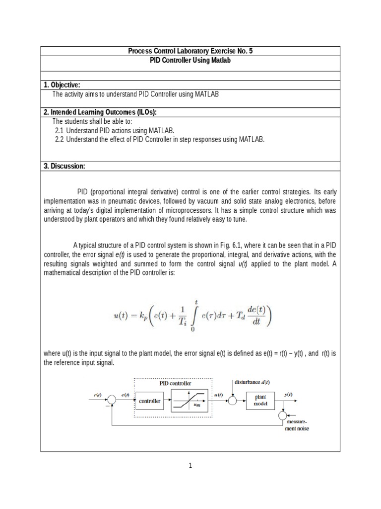 Process Control Laboratory Exercise No. 5 PID Controller Using Matlab 1 ...