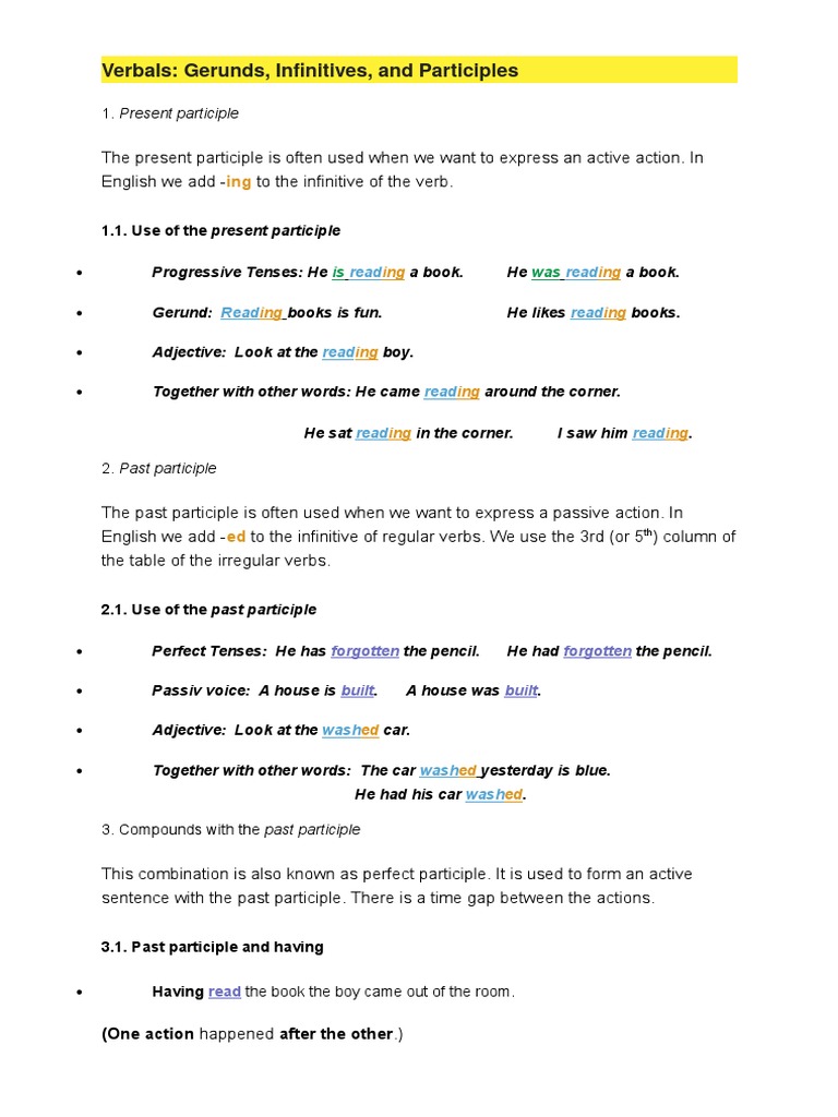 Verbals: Gerunds, Infinitives and Participles | PDF | Perfect (Grammar ...