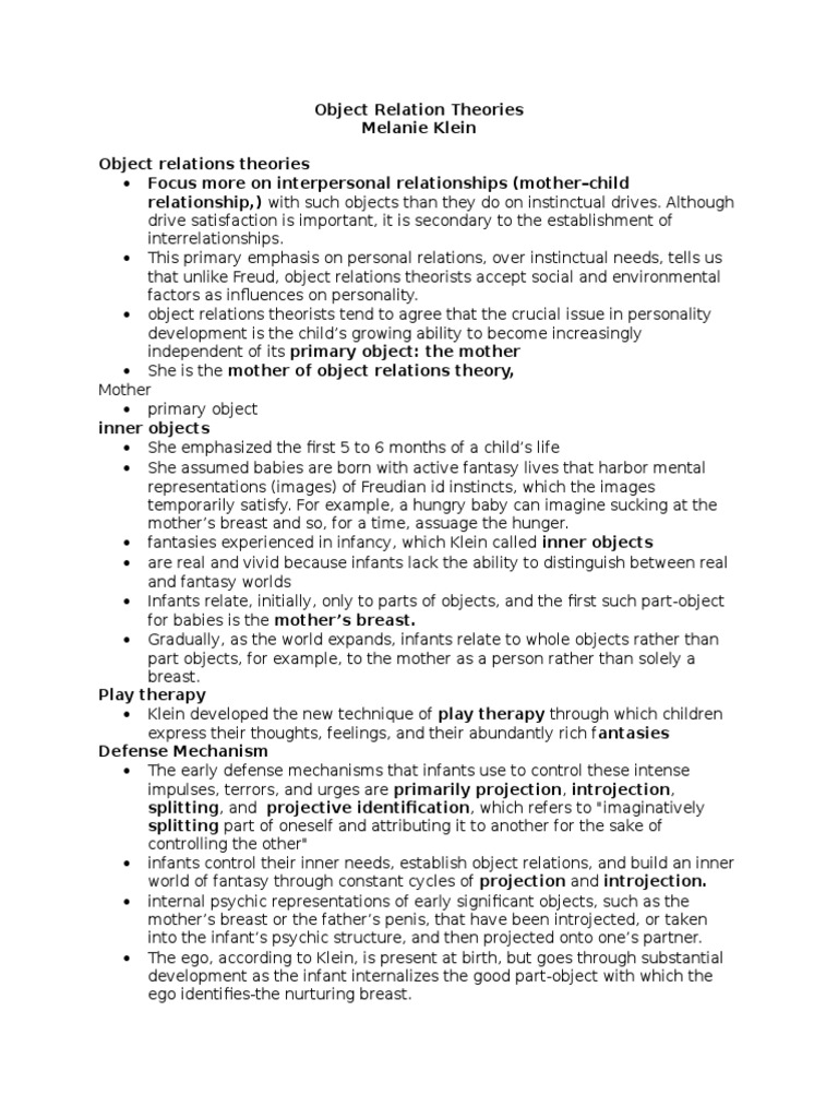 Melanie Klein's Object Relations Theories | PDF | Object Relations Theory | Id