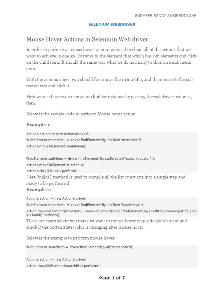 Mouse Hover Actions in Selenium Web Driver: Example 1 | PDF | Selenium (Software) | Software ...