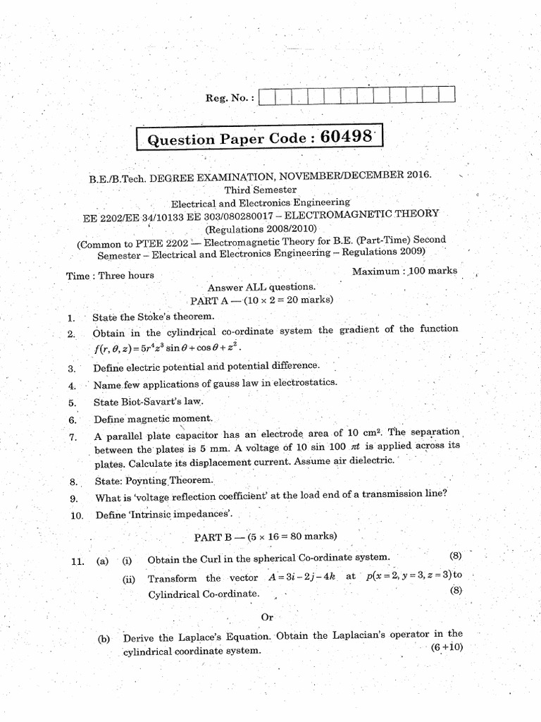 Electromagnetic Theory Anna University Question Paper R2013 | PDF ...