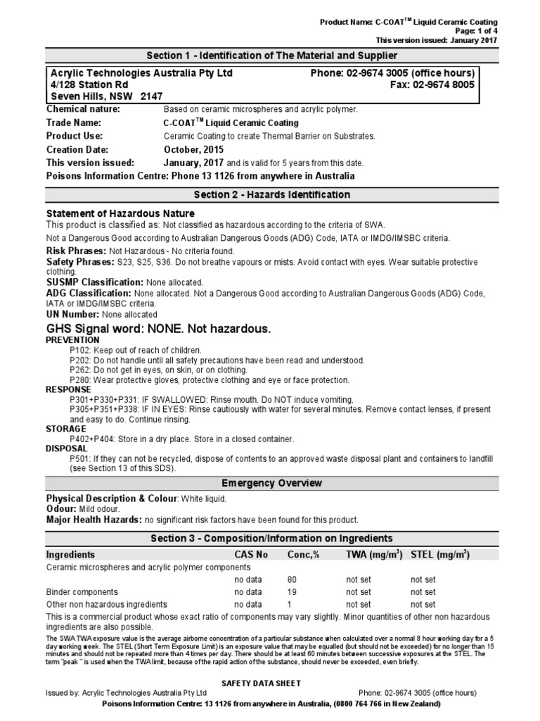 GHS Signal Word: NONE. Not Hazardous | PDF | Materials | Chemistry
