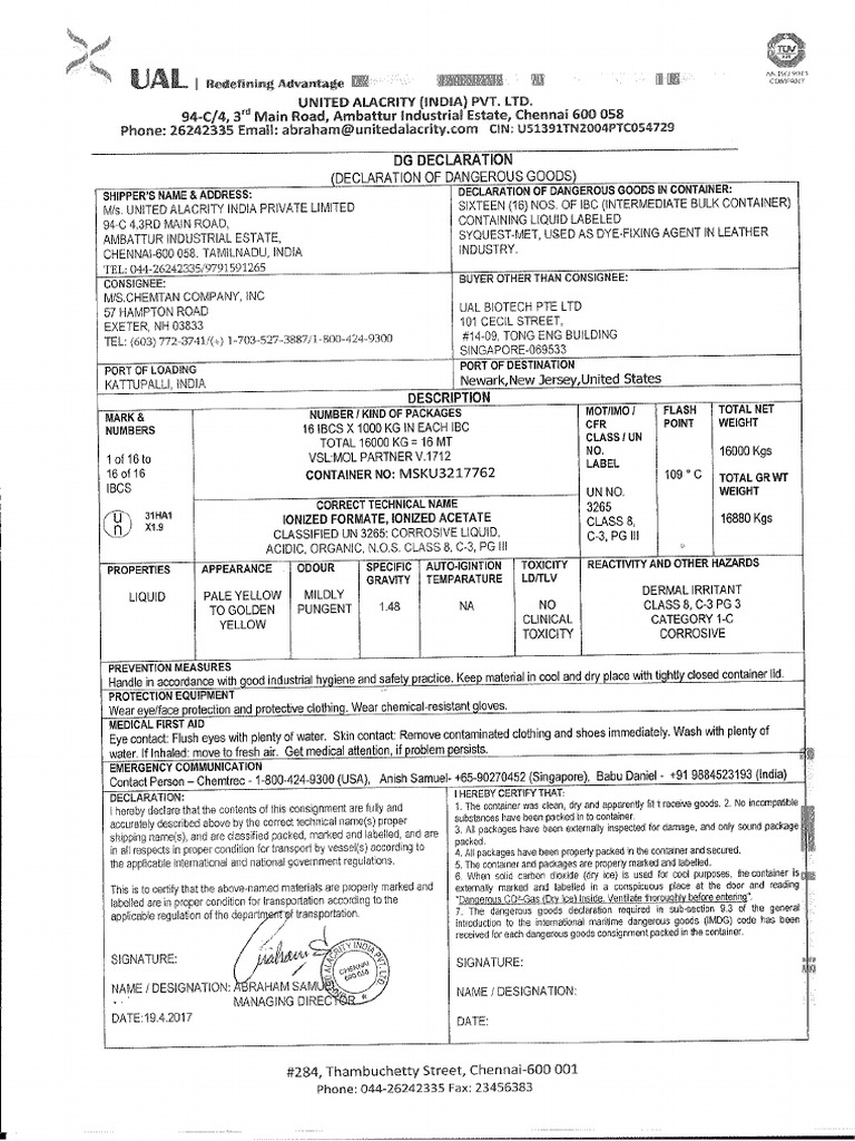 62G0062558 - Dangerous Goods Approval Shipper Document | PDF