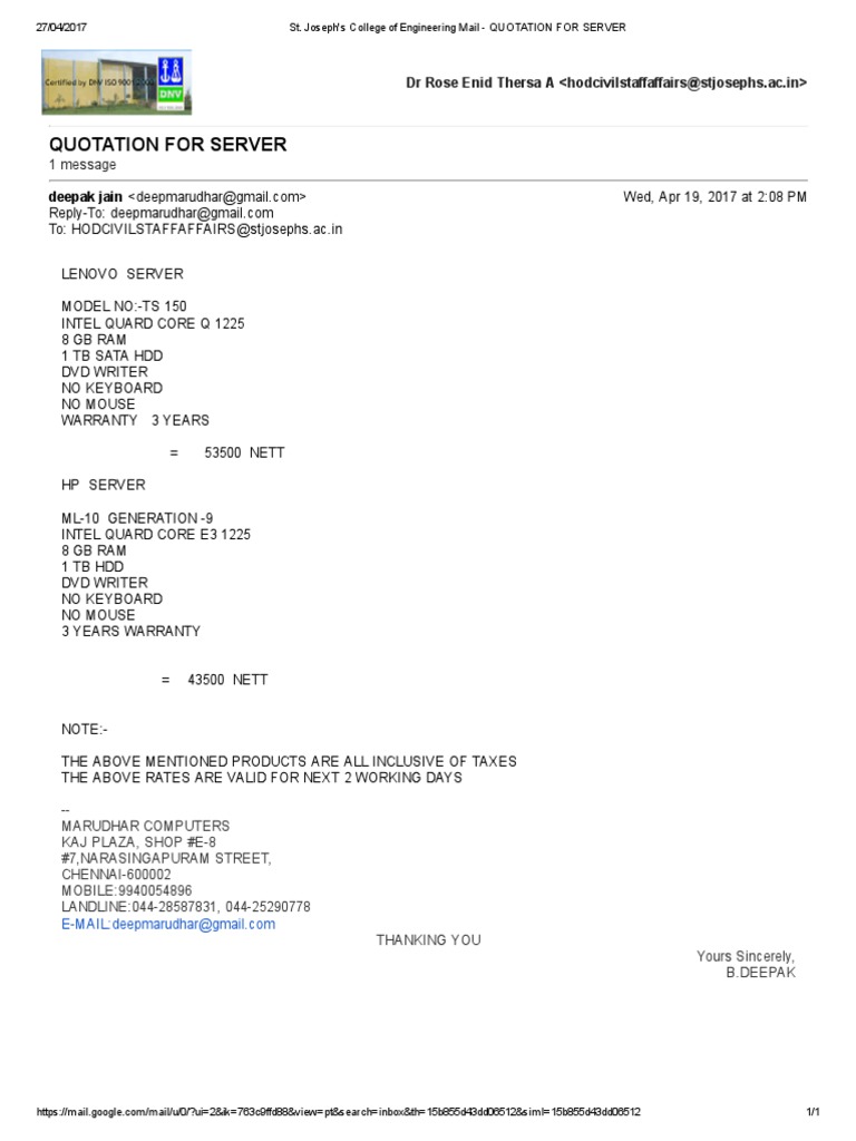 Server Quotation for St. Joseph's College | PDF