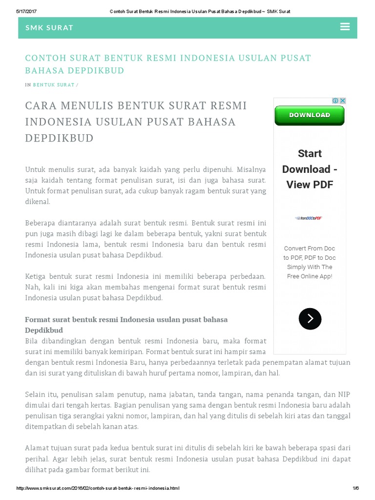 Contoh Surat Bentuk Resmi Indonesia Usulan Pusat Bahasa Depdikbud - SMK ...