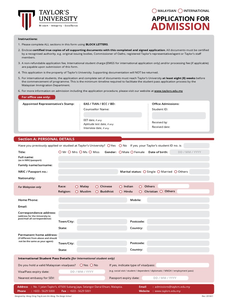 Admissions Aid Taylors University Undergraduate Application Form 2016 ...