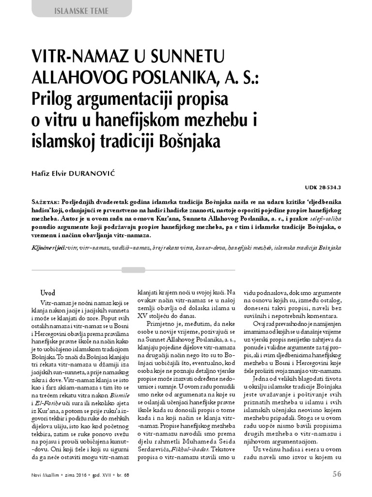 Vitr-Namaz U Sunnetu Allahovog Poslanika, A. S.: Prilog Argumentaciji Propisa o Vitru U ...