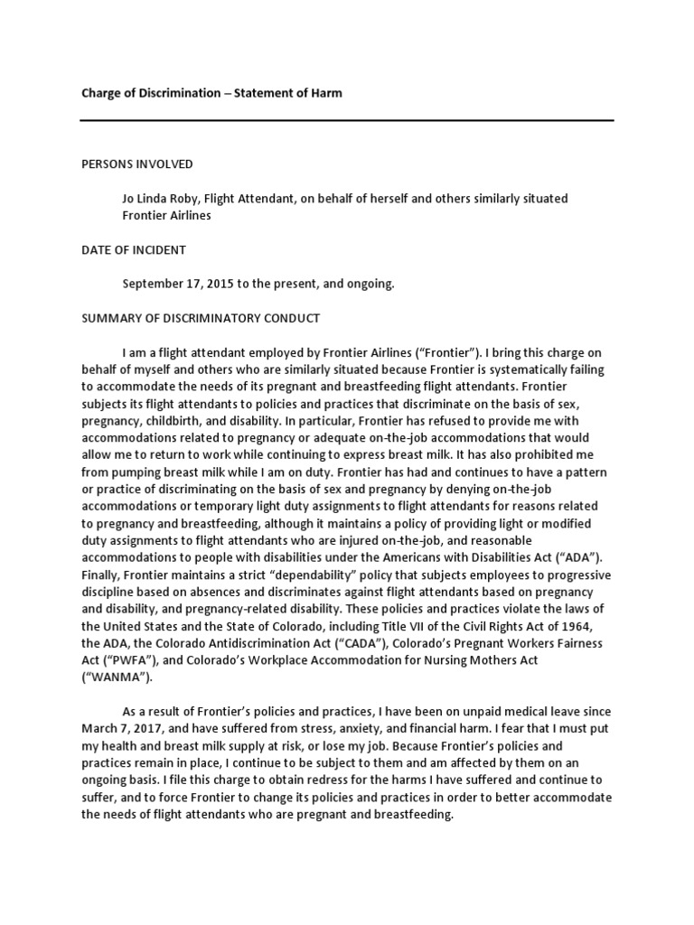 Charge of Discrimination – Statement of Harm