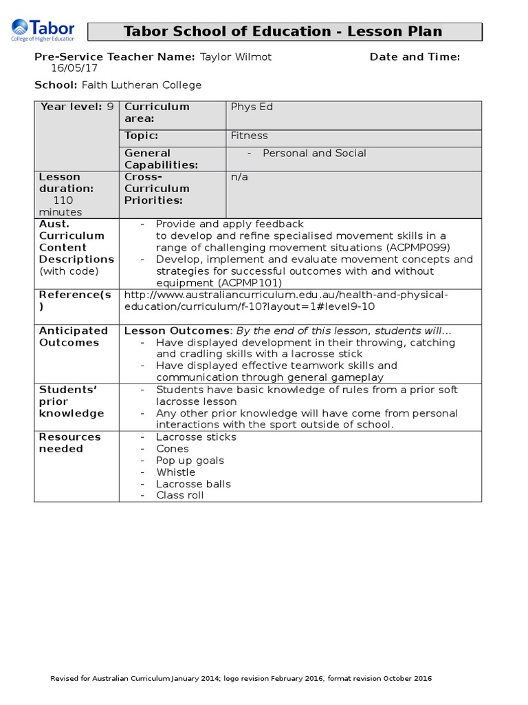 Year 9 Fitness Lesson Plan: Lacrosse Skills | PDF | Physical Education ...