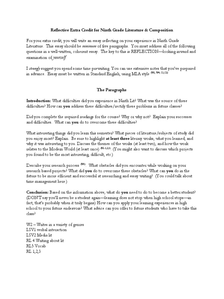 Yourself: Reflective Extra Credit For Ninth Grade Literature ...