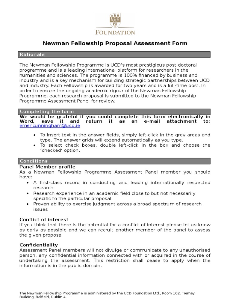 Newman Fellowship Proposal Assessment Form | PDF | Science | Business