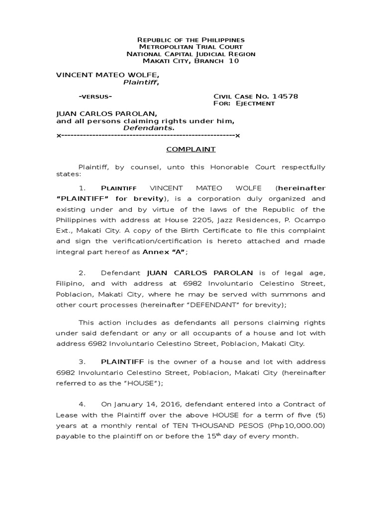 Sample Complaint For Ejectment | Lease | Lawsuit
