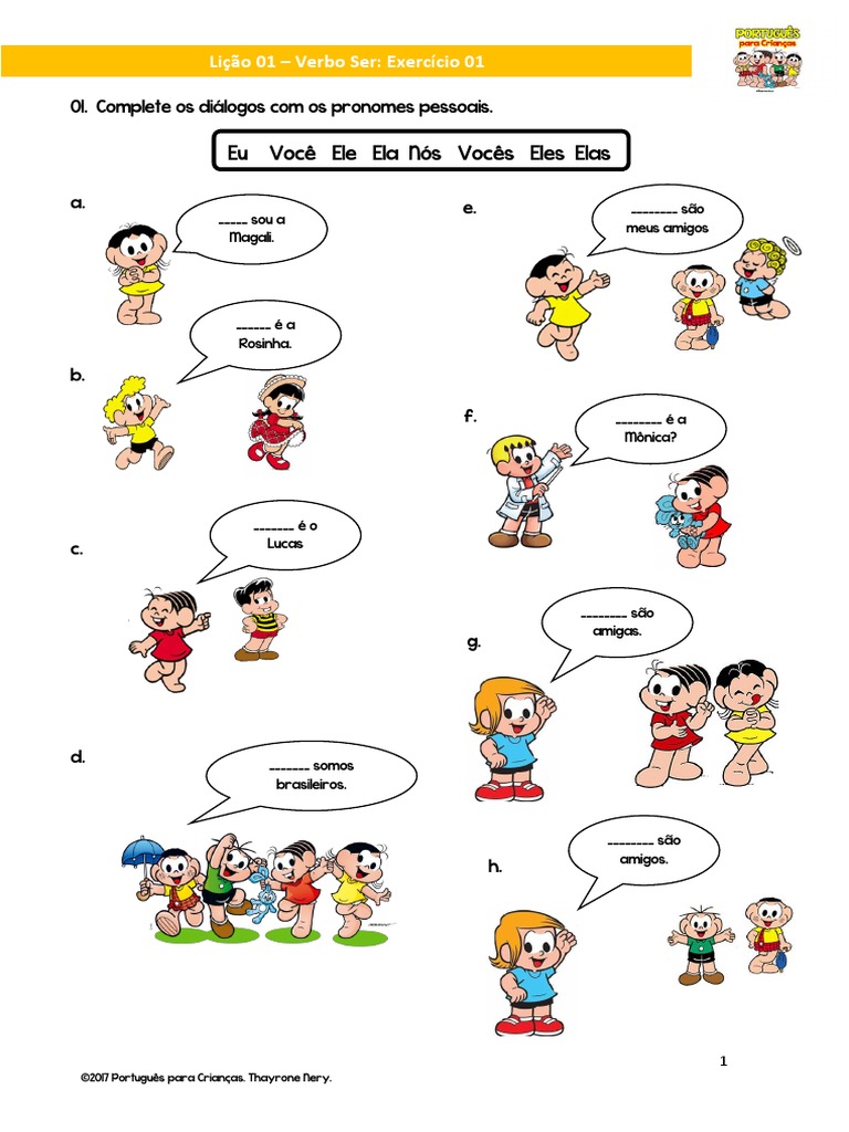 Lição 01 - Exercício 01 - Pronomes Pessoais, Verbo SER e Profissões ...