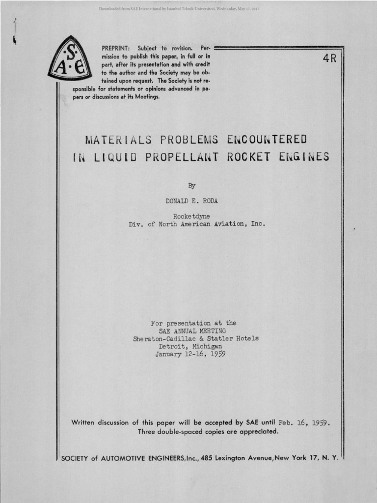 Materials Problems Engountered: in Liquid Propellant Rocket Engines | PDF