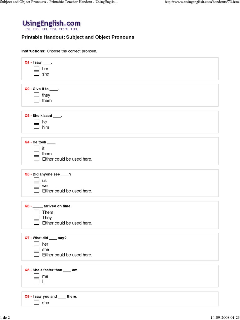 Subject and Object Pronouns | PDF