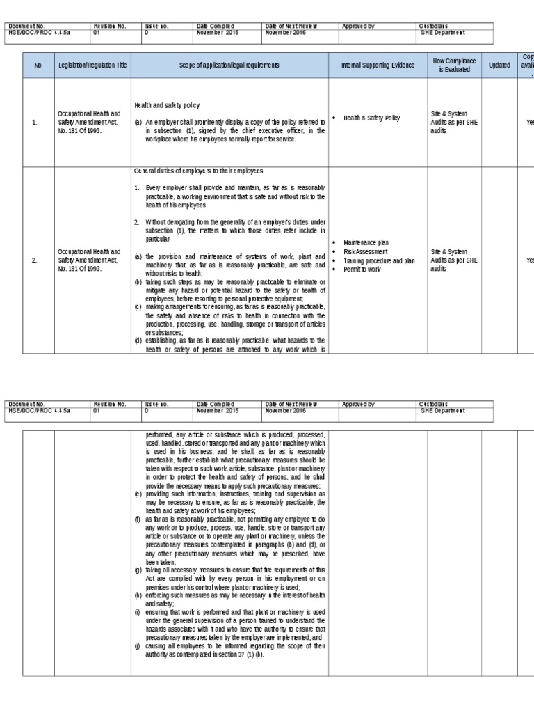 Health and Safety Legal Register Guide | PDF | Occupational Safety And ...