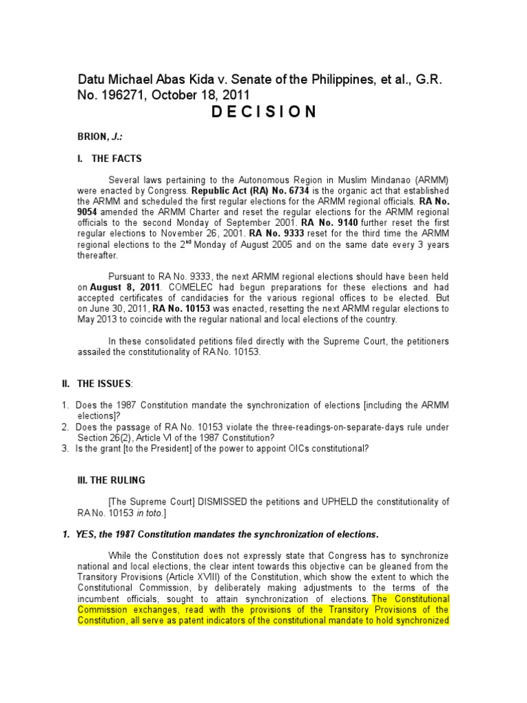 Decision: Datu Michael Abas Kida v. Senate of The Philippines, Et Al ...