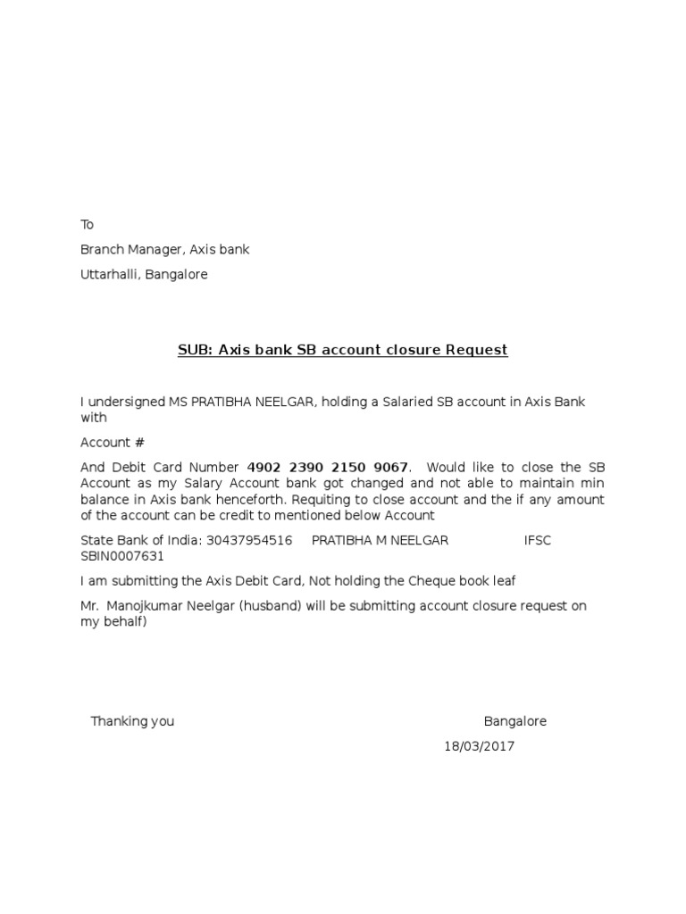 Axis Bank Account Closure Request Letter | PDF | Banks | Institutional ...