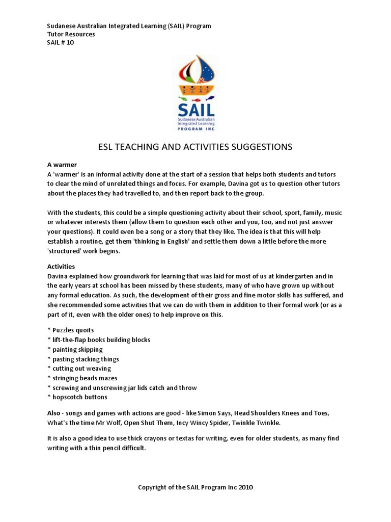 Sail 10 Esl Teaching and Activities Suggestions1 | PDF | Phonics ...