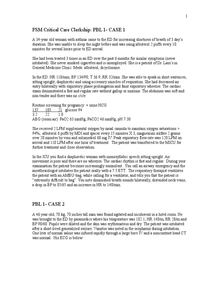 Critical Care Clerkship PBL Case 1 | PDF | Breathing | Respiratory System