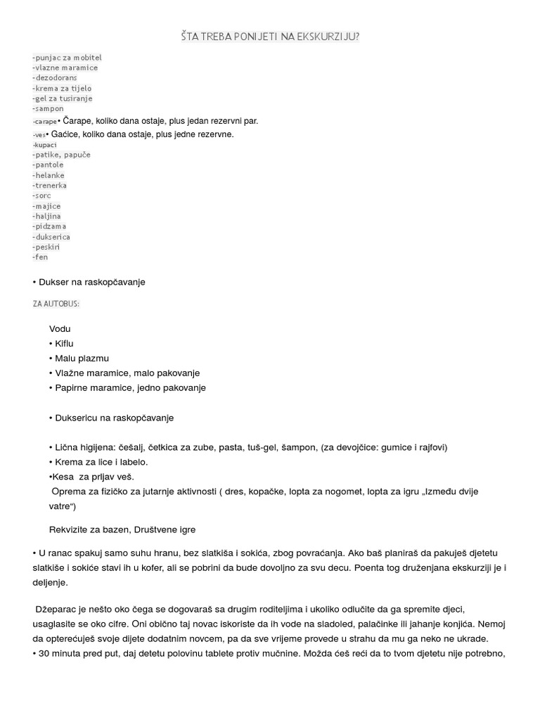 Šta Treba Ponijeti Na Ekskurziju | PDF