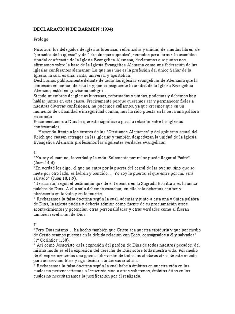 Declaración de Barmen (1934) PDF | PDF | Cristo (título) | Iglesia Católica