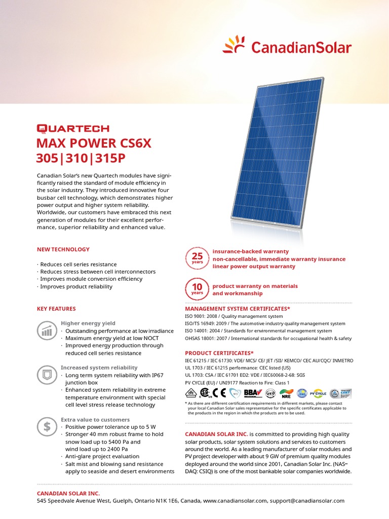 Max Power Cs6X 305 - 310 - 315P: Higher Energy Yield | PDF | Electrical ...
