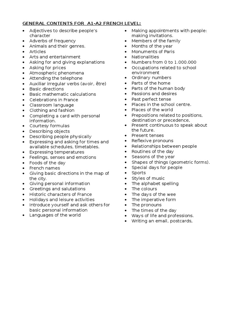 General Contents For A1-A2 French Level | PDF | Grammatical Tense | Pronoun