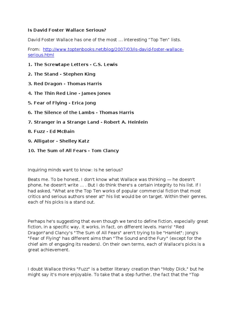 David Foster Wallace's Top 10 Books | PDF | General Fiction