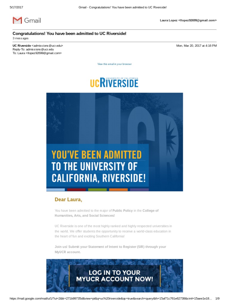UC Riverside Admission Confirmation Email | PDF | Telecommunications ...