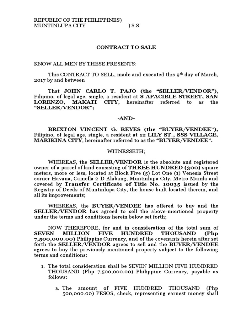 Sample Deed of Sale House and Lot One | PDF | Title (Property) | Taxes