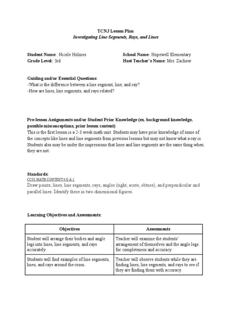 Lineslinesegmentsandrayslessonplan 1 | PDF | Classroom | Lesson Plan